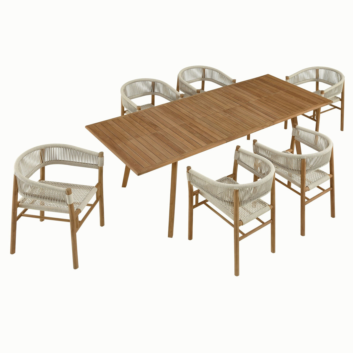 Vincent Outdoor Teak and Rope Dining Set with Curved-Back Armchairs ...